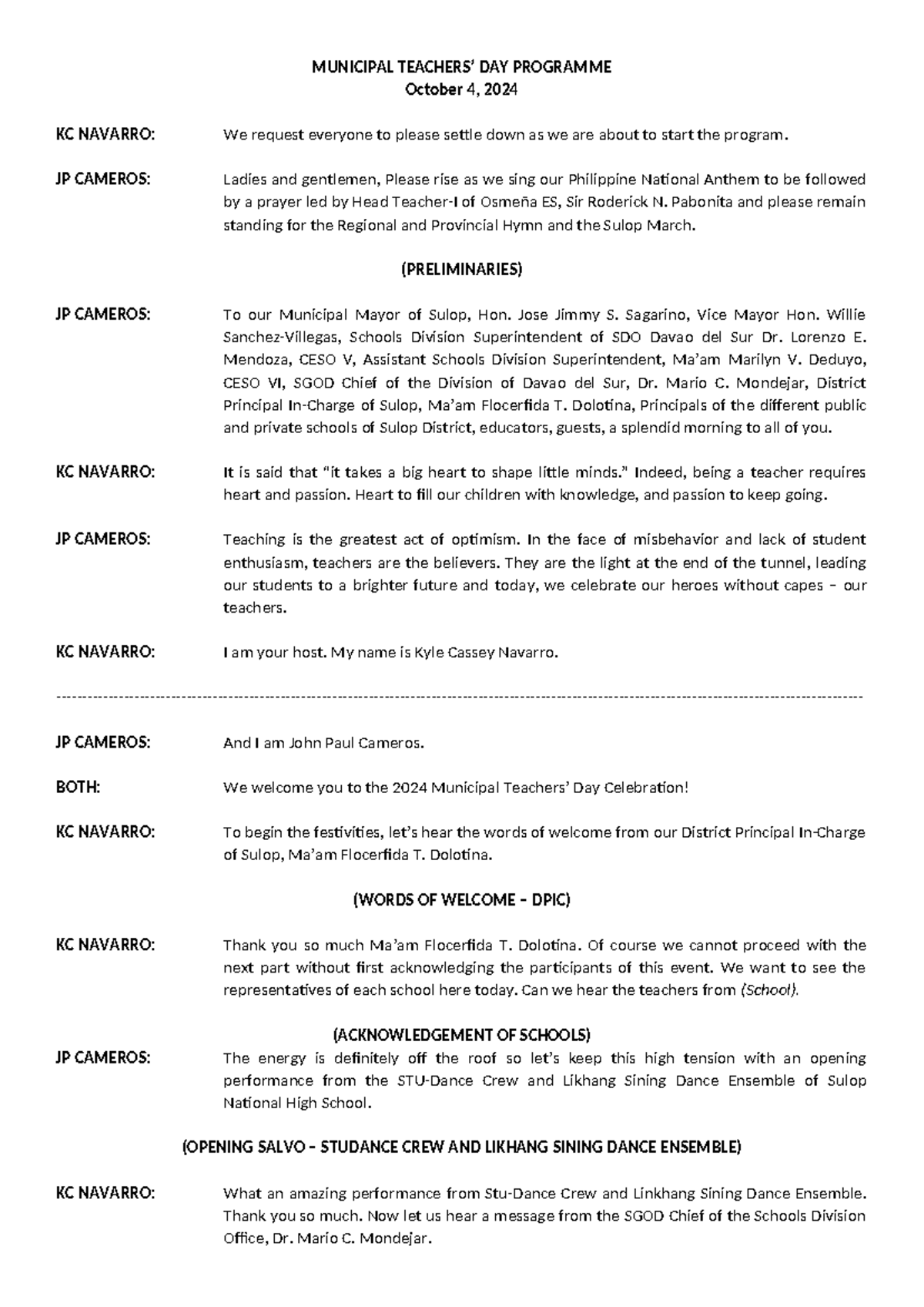 Script - World Teachers Day Oct. 4, 2024 - MUNICIPAL TEACHERS’ DAY ...