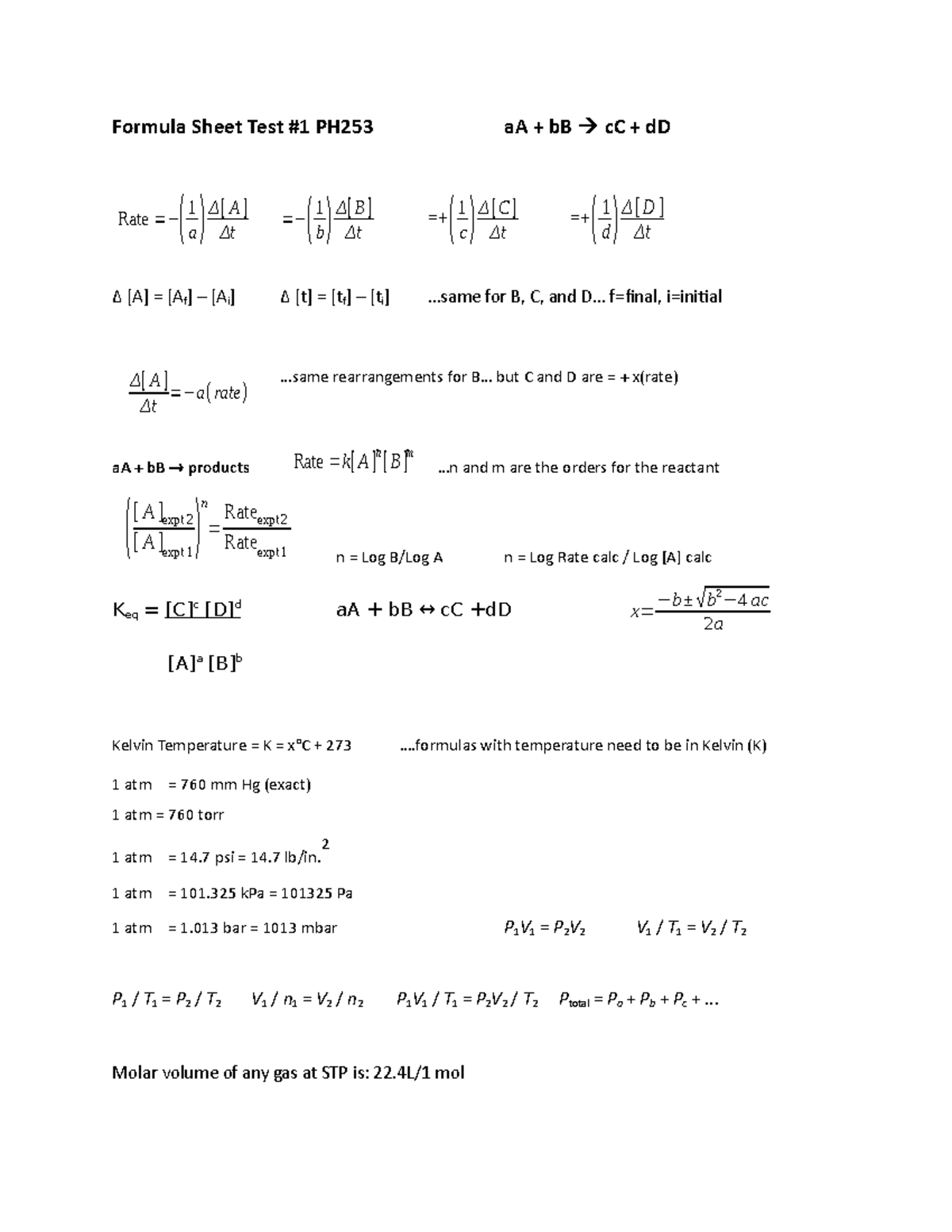 Formula Sheet Test 1 PH253 test sheet - 1111 - Studocu