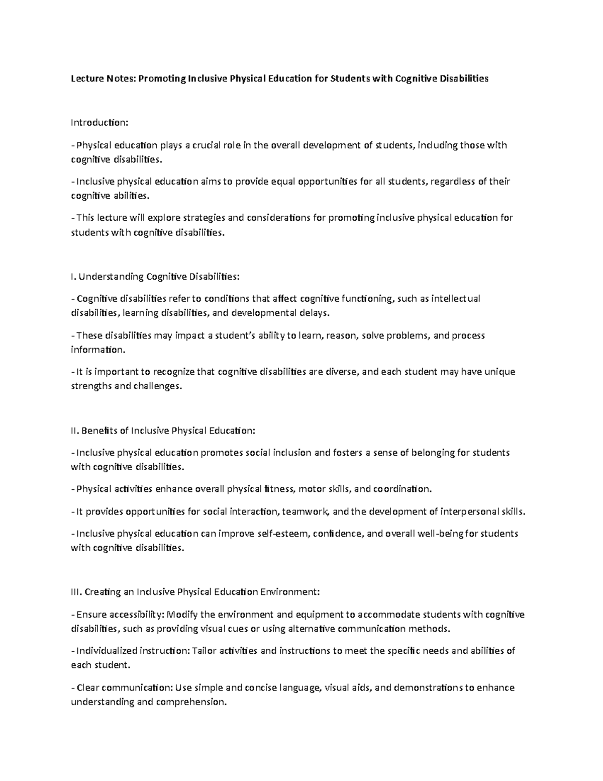 Lecture Notes: Promoting Inclusive Physical Education for Students with ...