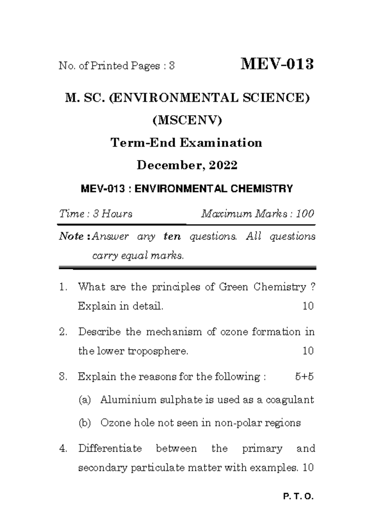 MEV-013 Question Paper - P. T. O. No. of Printed Pages : 3 MEV- M. SC. (ENVIRONMENTAL SCIENCE ...