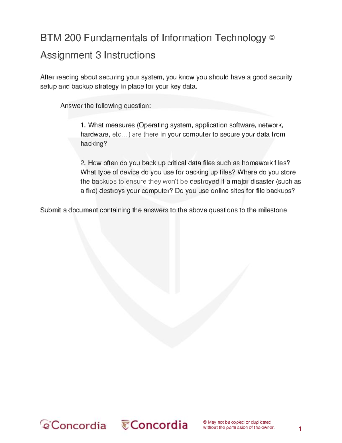 Assignment 3 Instructions - 1 © May not be copied or duplicated without the permission of the ...