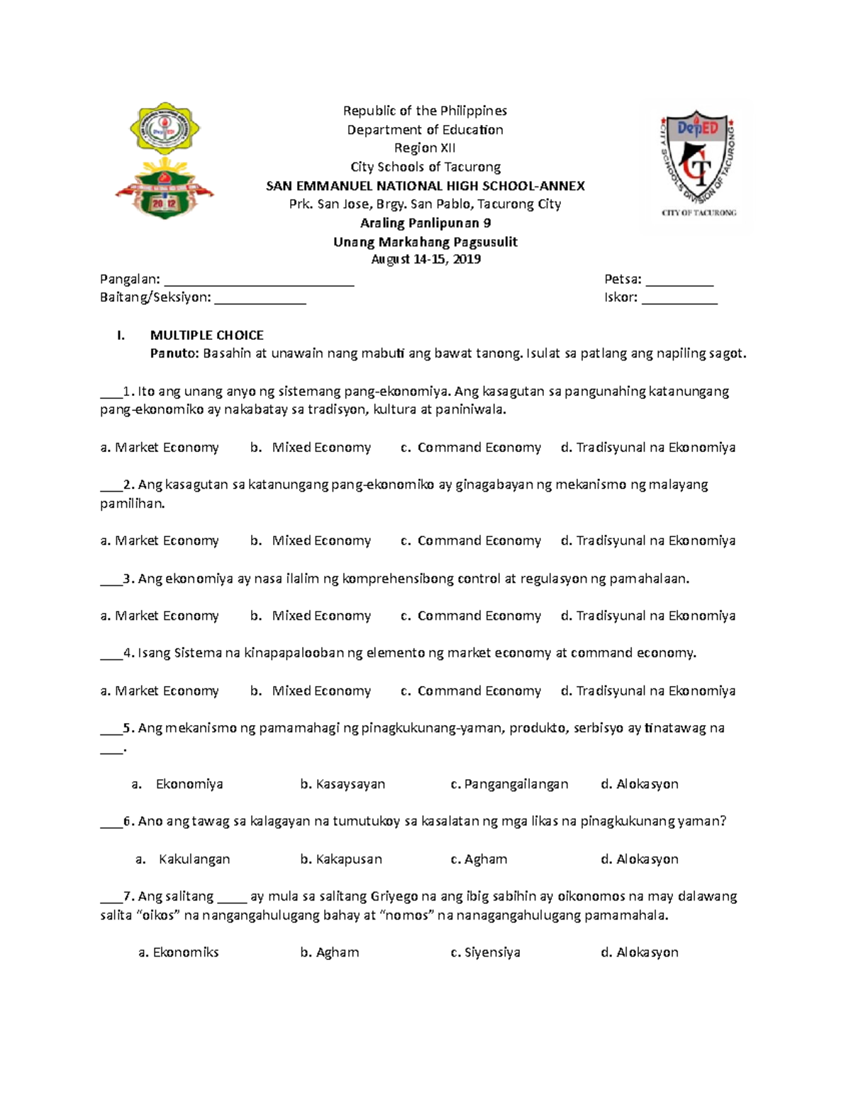 1st grading exam - Examination - Republic of the Philippines Department ...