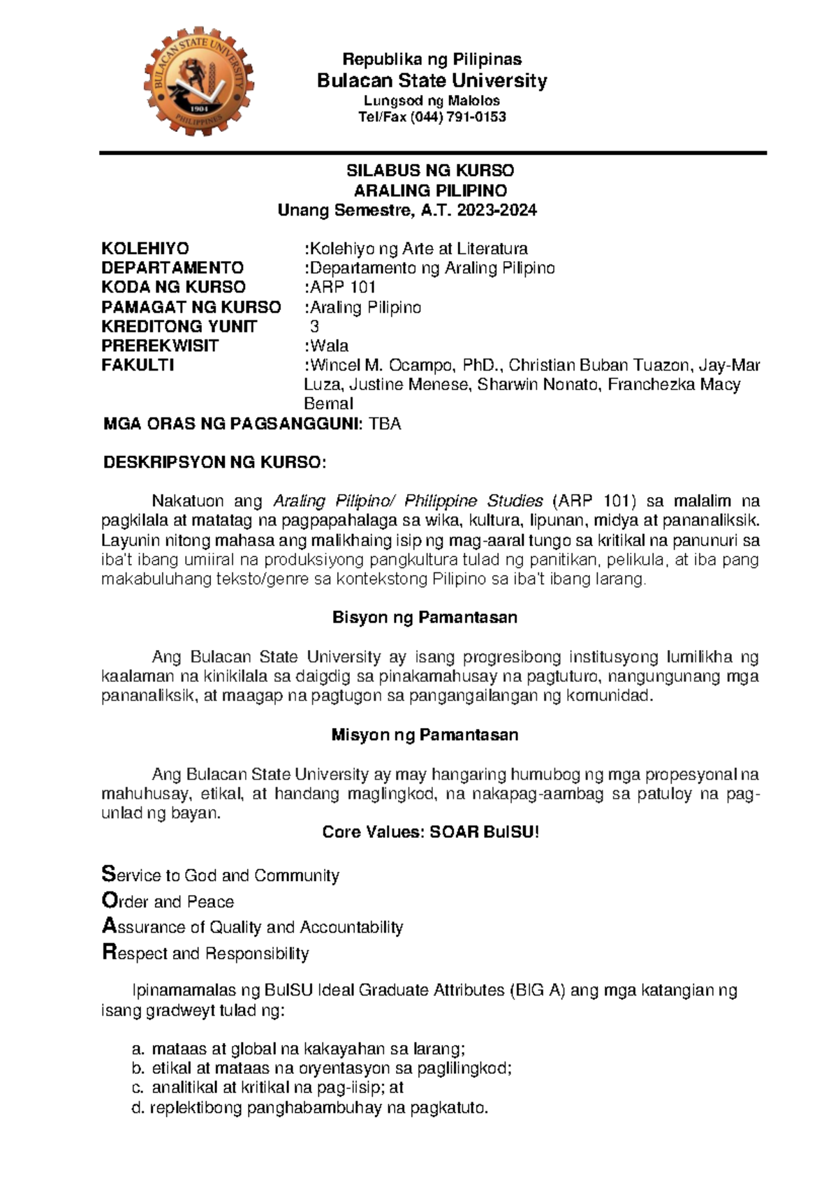 ARP 101 Silabus 2023 - Vcrtbjbnjknufduginlnlk - Republika ng Pilipinas Bulacan State University ...