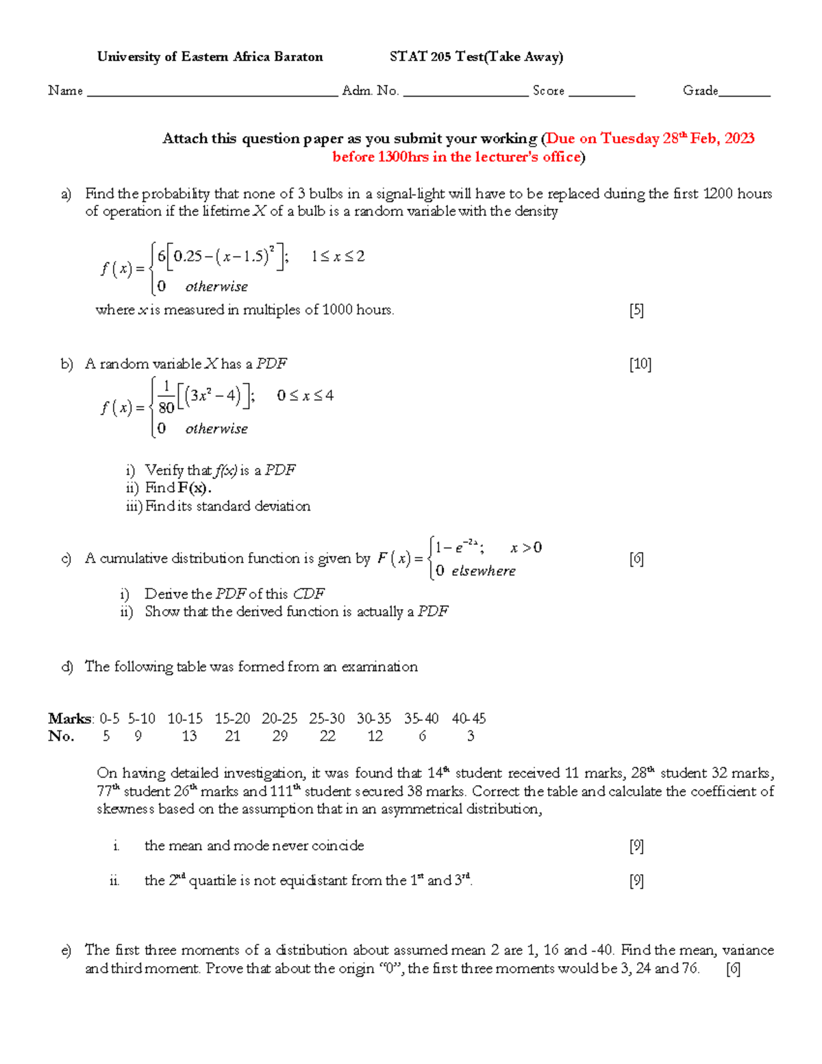 STAT 205 Test 1 Away - Revision material - University of Eastern Africa ...