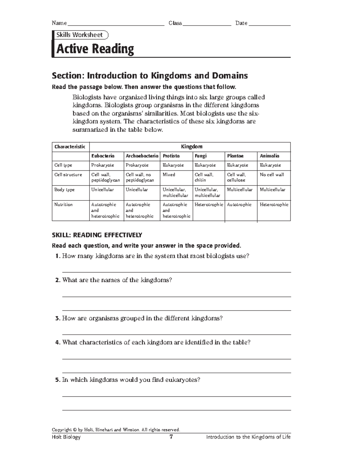 6kingdoms - Worksheet - Copyright © by Holt, Rinehart and Winston. All ...