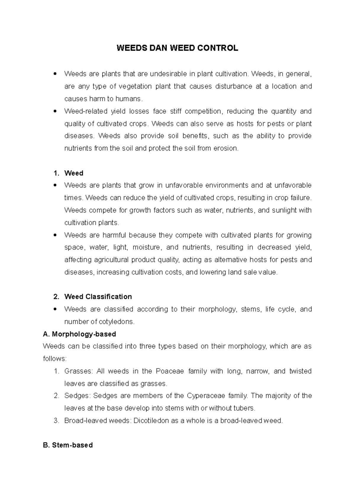 Lecture notes Weeds DAN WEED Control - WEEDS DAN WEED CONTROL Weeds are ...