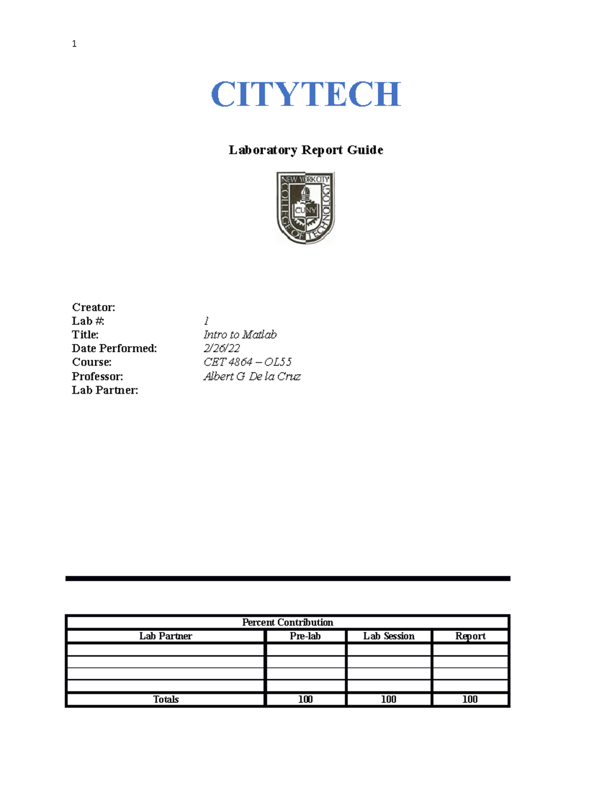 Cet4864 Lab 1 Delacruz Citytech Laboratory Report Guide Creator Lab 1 Title Intro To 7966
