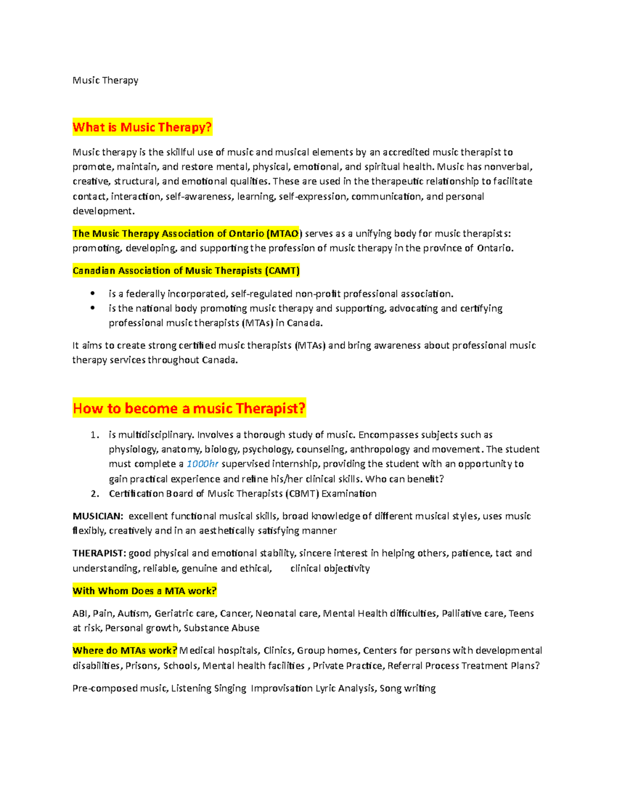 Music Therapy wk1 notes - Music Therapy What is Music Therapy? Music ...