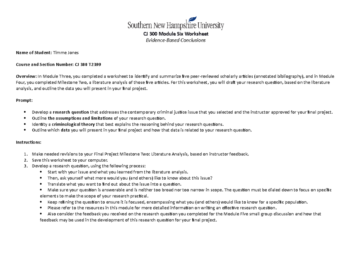 CJ 300 Evidence-Based Conclusions Worksheet - CJ 300 Module Six ...