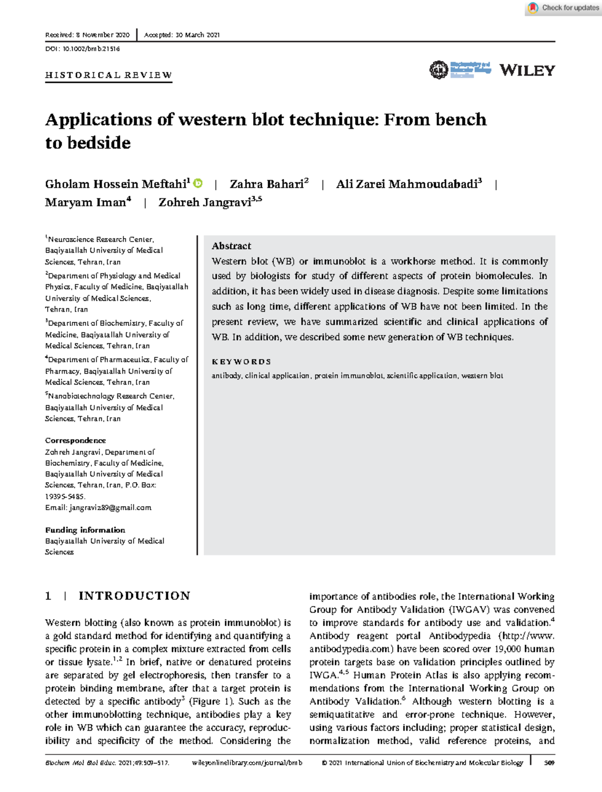 Biochem Molecular Bio Educ - 2021 - Meftahi - Applications of western blot technique From bench ...
