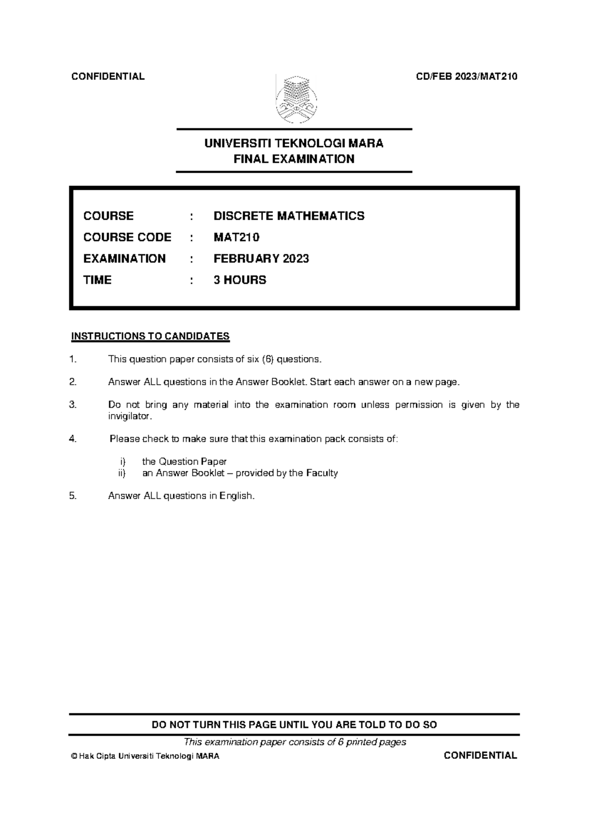 Final Examination MAT210 FEB2023 - UNIVERSITI TEKNOLOGI MARA FINAL ...