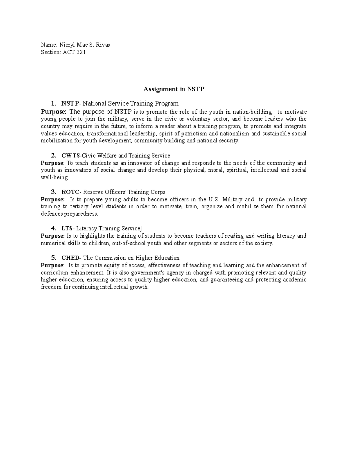 Assignment in NSTP - to advance learning - Name: Nieryl Mae S. Rivas ...