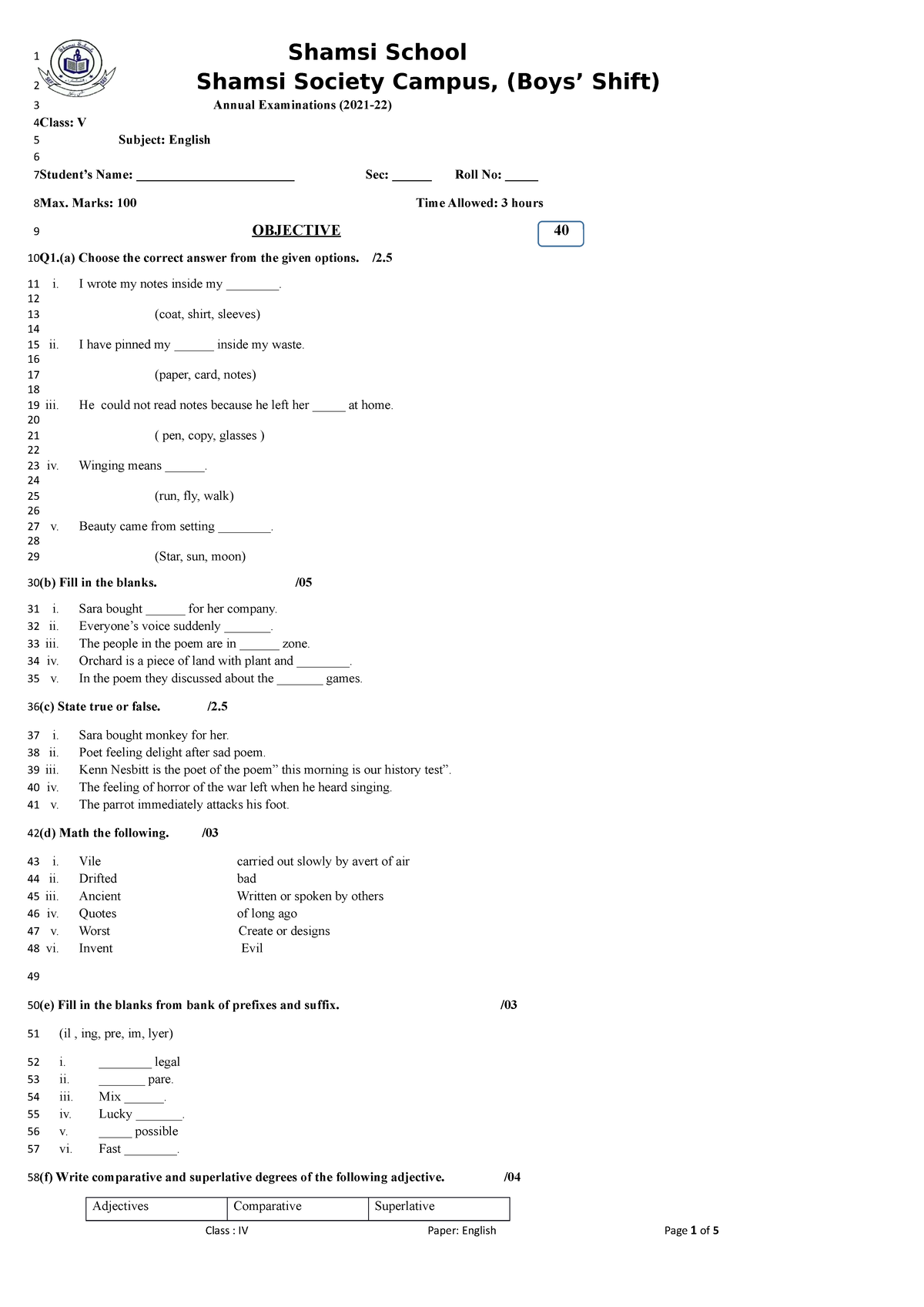 English Paper class V copy (16) - Shamsi School Shamsi Society Campus ...