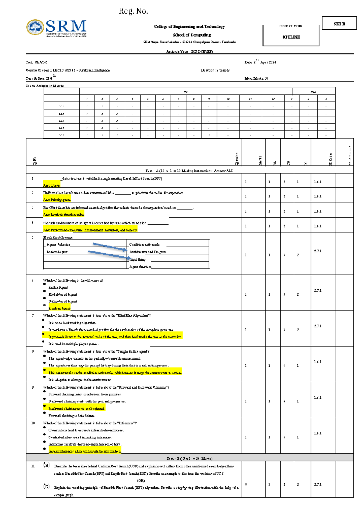 ARTIFICIAL INTELLIGENCE 21 Regulation CT 1 PYQs C TECH, CINTEL ...