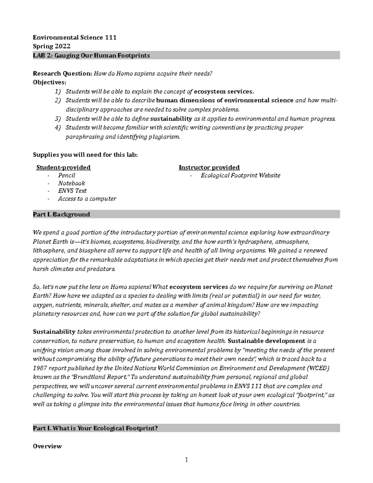 Envs. Lab 2 - Envs. Lab 2, - Environmental Science 111 Spring 2022 LAB ...