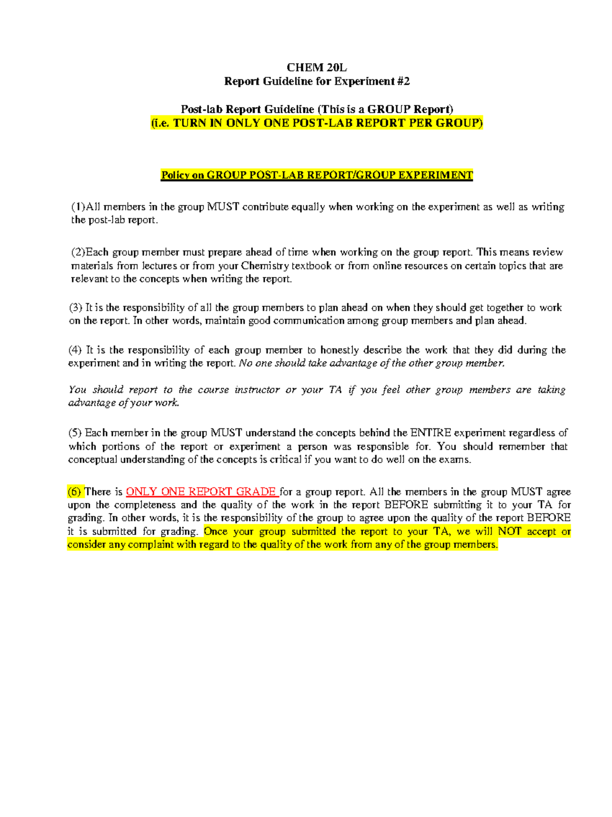 Pdf - CHEM 20L Report Guideline for Experiment Post-lab Report Guideline (This is a GROUP Report ...