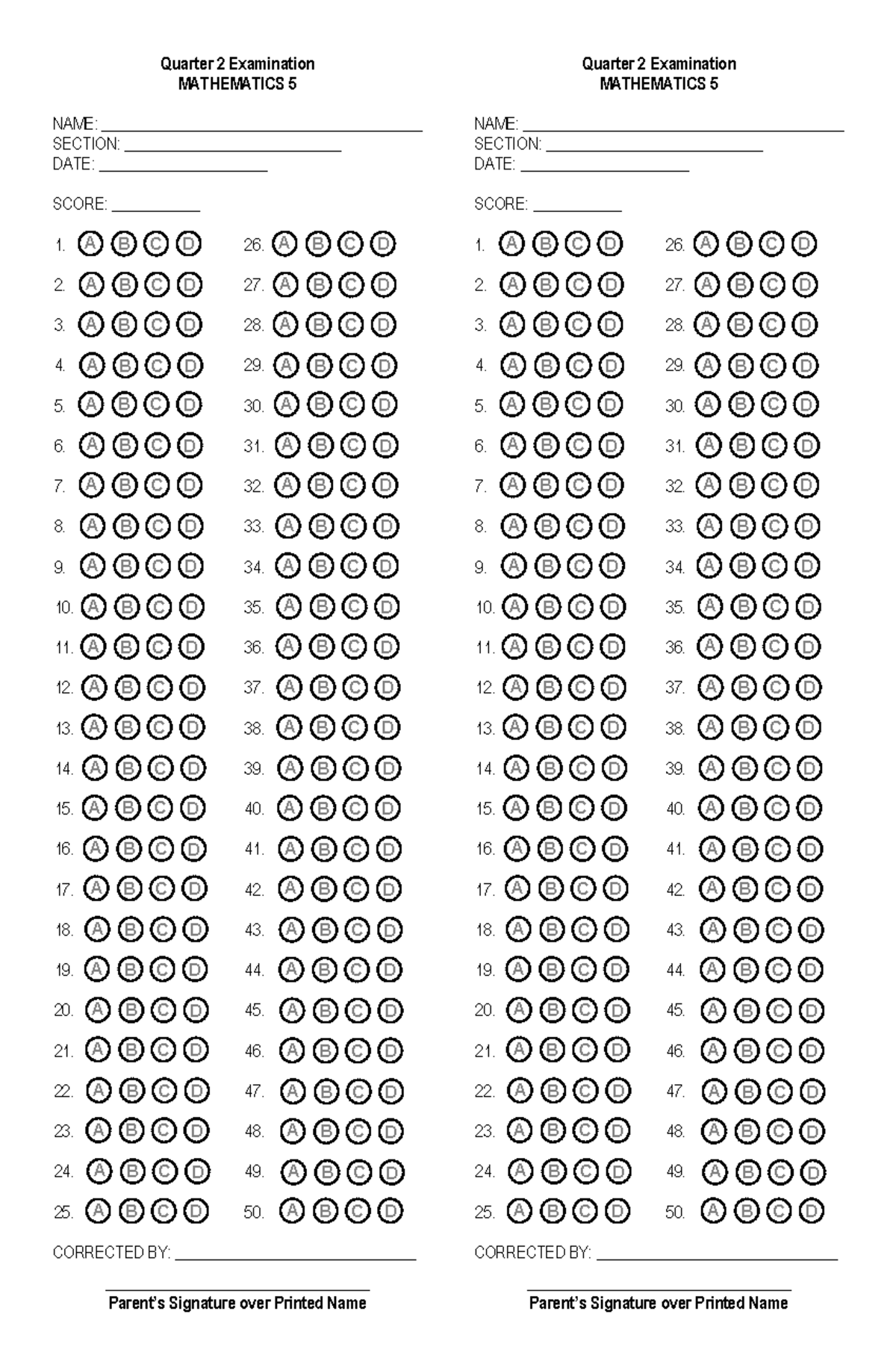 Answer- Sheet-50 - A B C D A B C D A B C D A B C D A B C D A B C D A B ...
