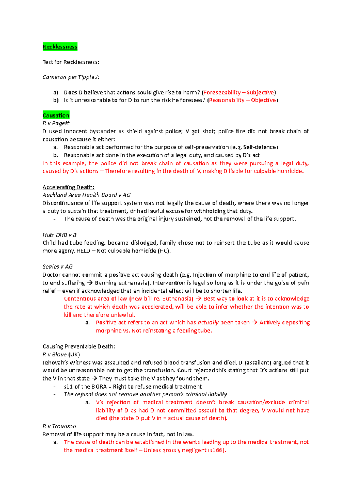 Crim Cases - Summary criminal law - Recklessness Test for Recklessness ...