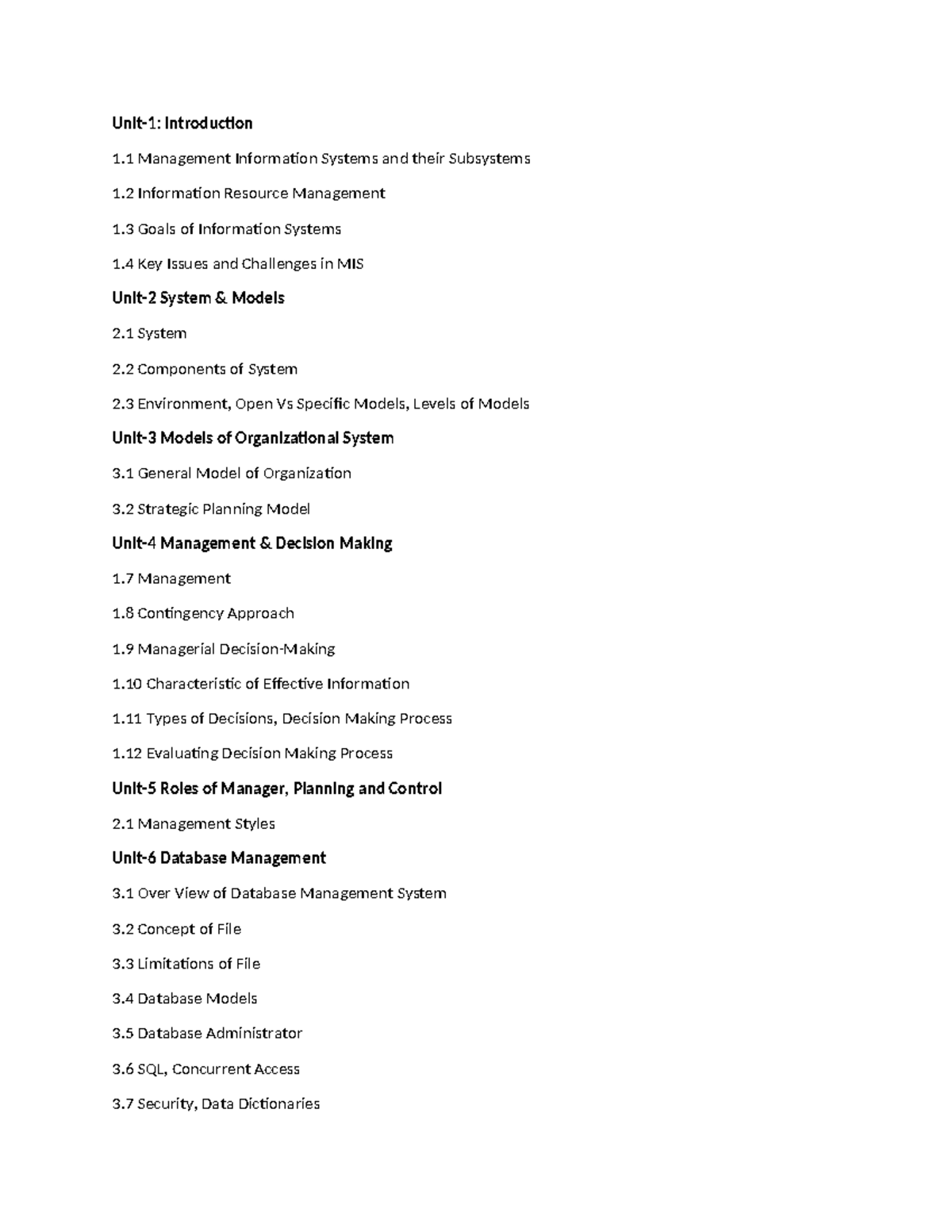 Course - Unit-1: Introduction 1 Management Information Systems and ...