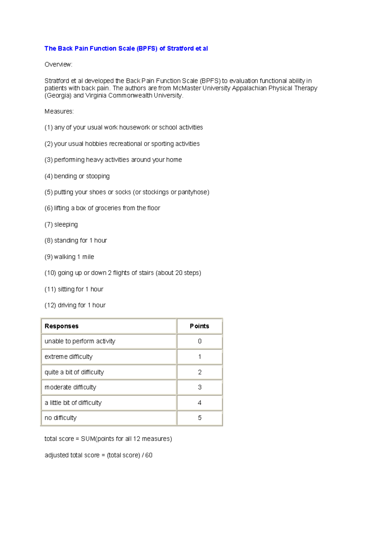BACK PAIN Scale - The Back Pain Function Scale (BPFS) of Stratford et ...