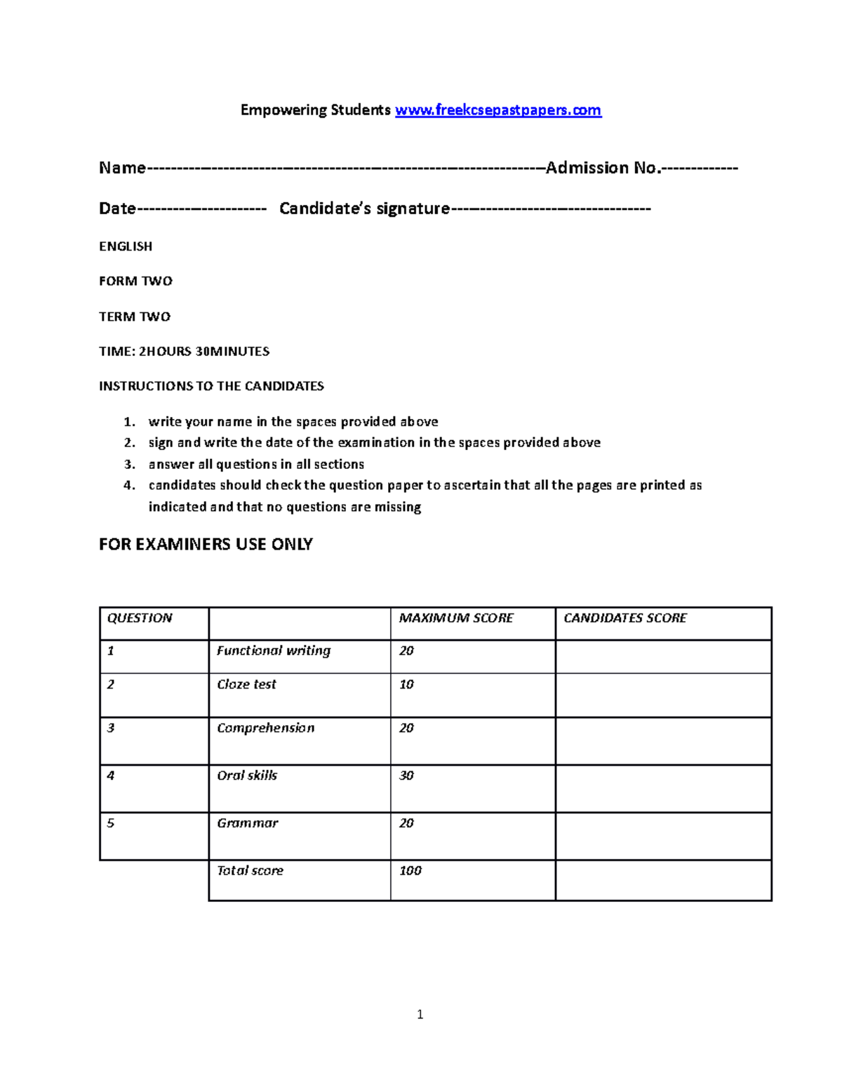English Form Two Question Q - Empowering Students freekcsepastpapers ...
