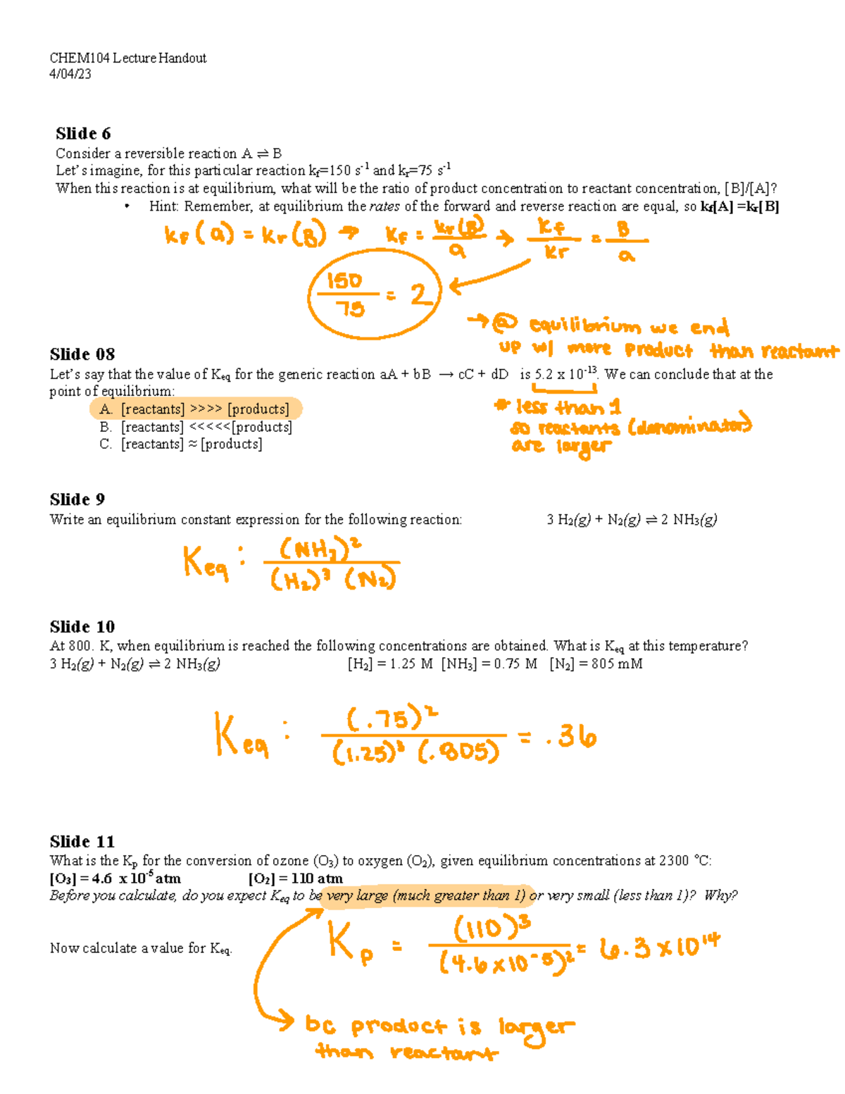 CHEM104 4/6 Lecture Handout: Solving for Equilibrium Constants ...