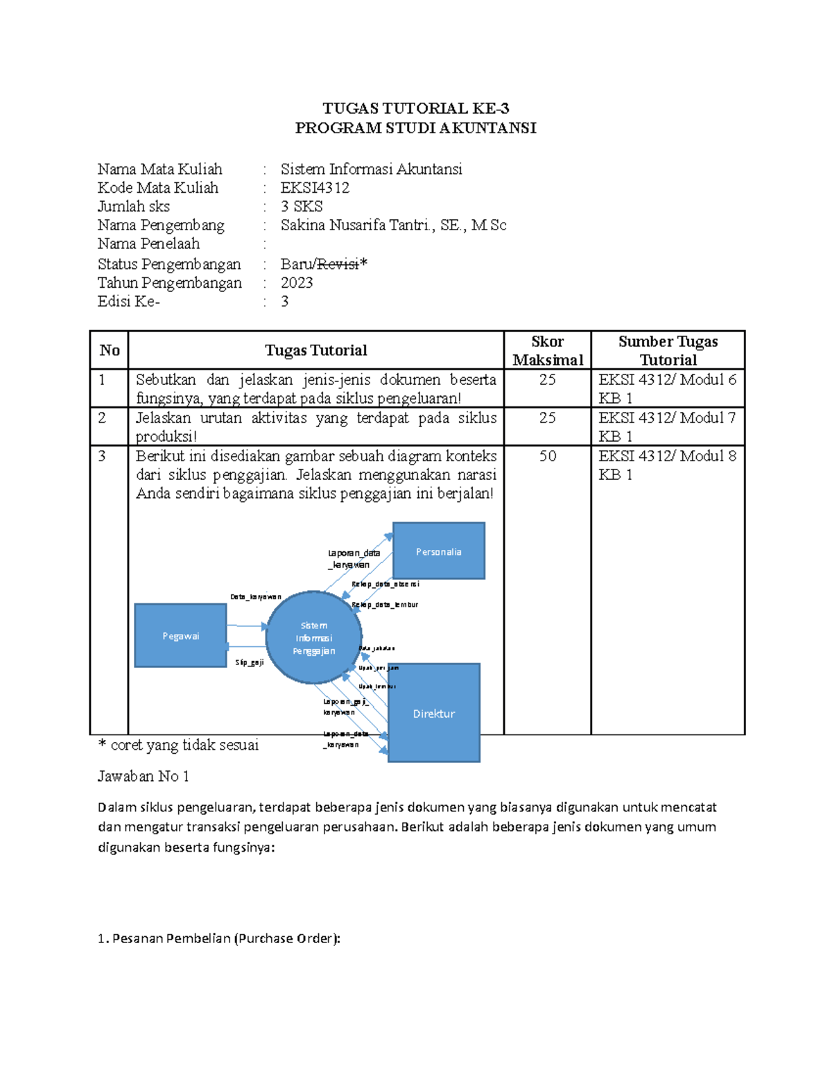 Tugas Tutorial 3 (1) SIA - TUGAS TUTORIAL KE- 3 PROGRAM STUDI AKUNTANSI Nama Mata Kuliah ...