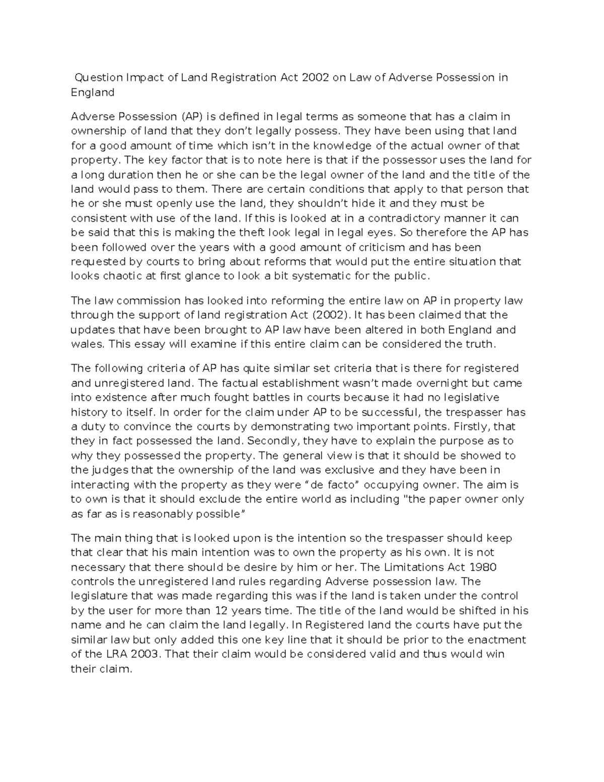 Question Impact of Land Registration Act 2002 on Law of Adverse ...