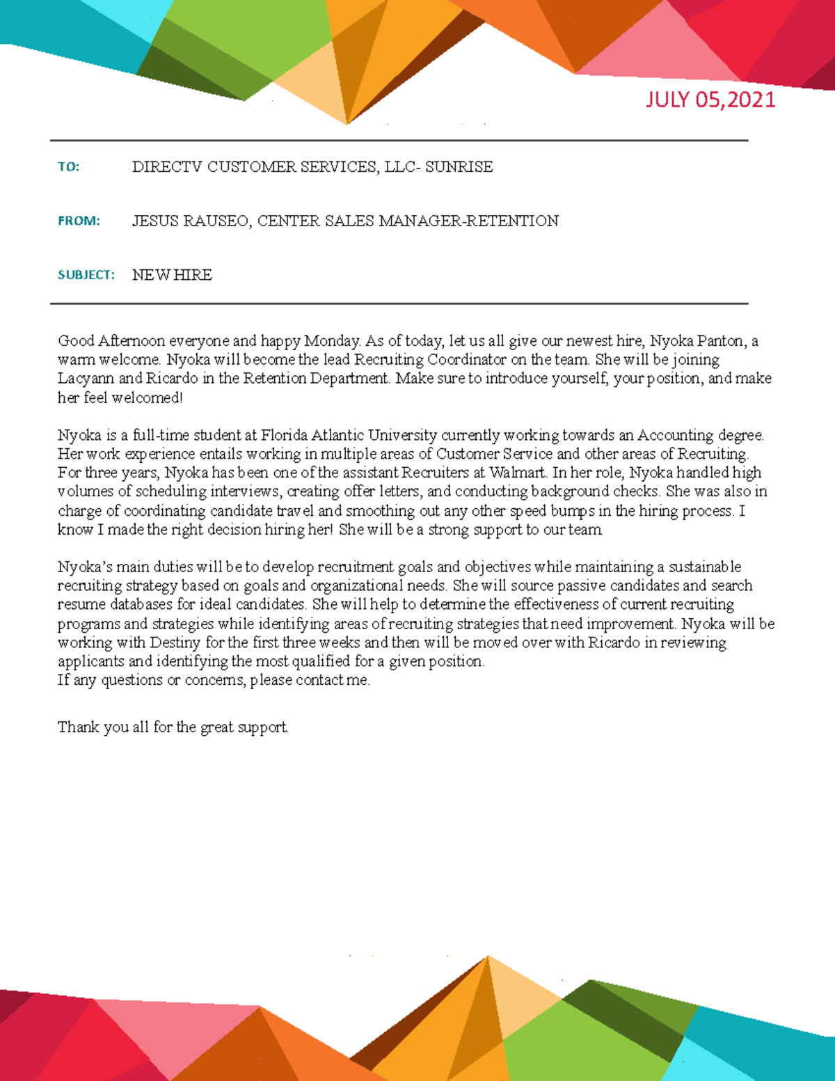 Panton Professional Reflection Memo - JULY 05, TO: DIRECTV CUSTOMER ...