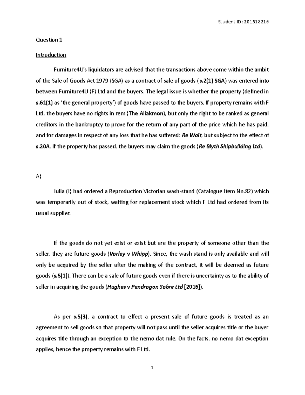 Commercial Law Take Home Exam (LAW318) - Question 1 Introduction ...