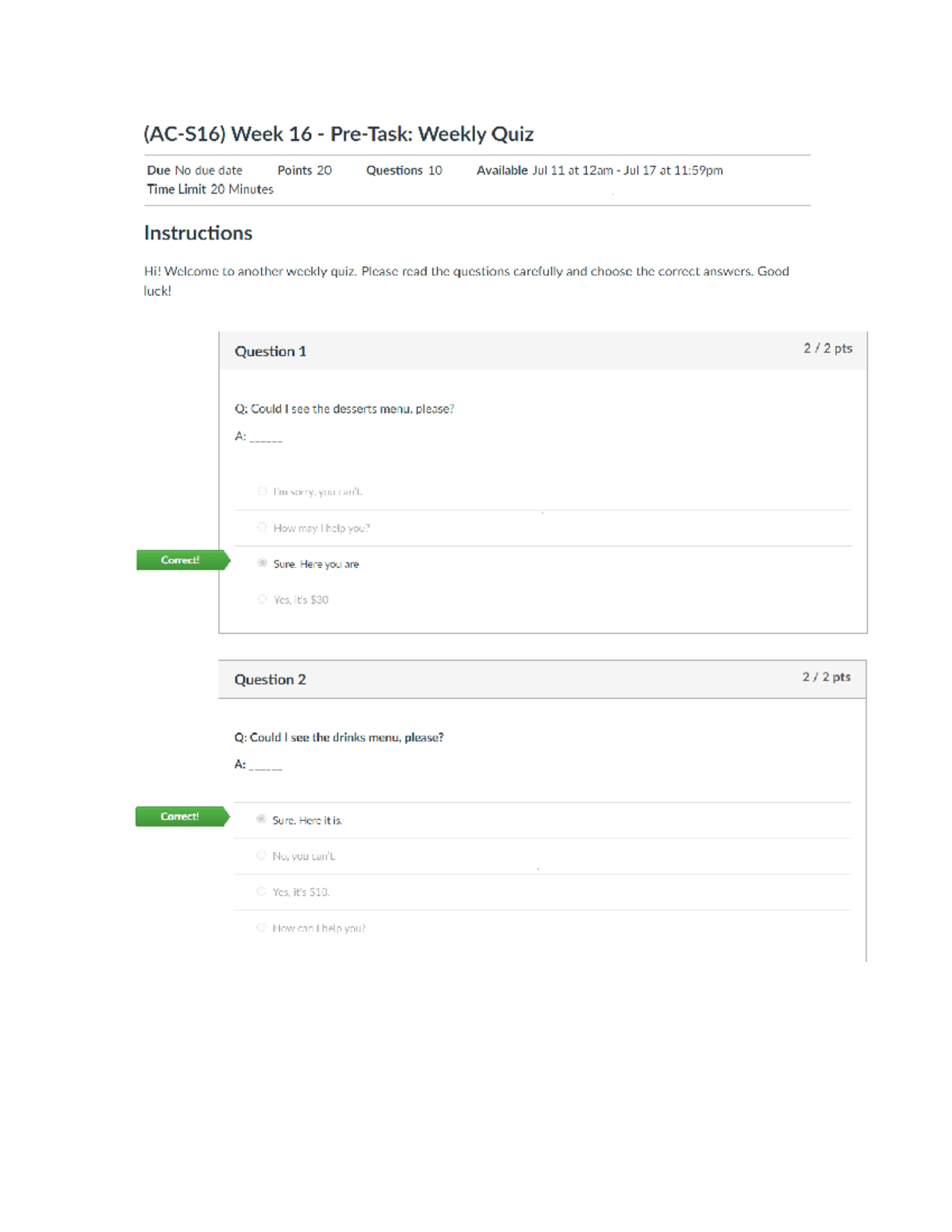 (AC.S16) Week 16 Pre Task Weekly Quiz. Ingles II - Studocu
