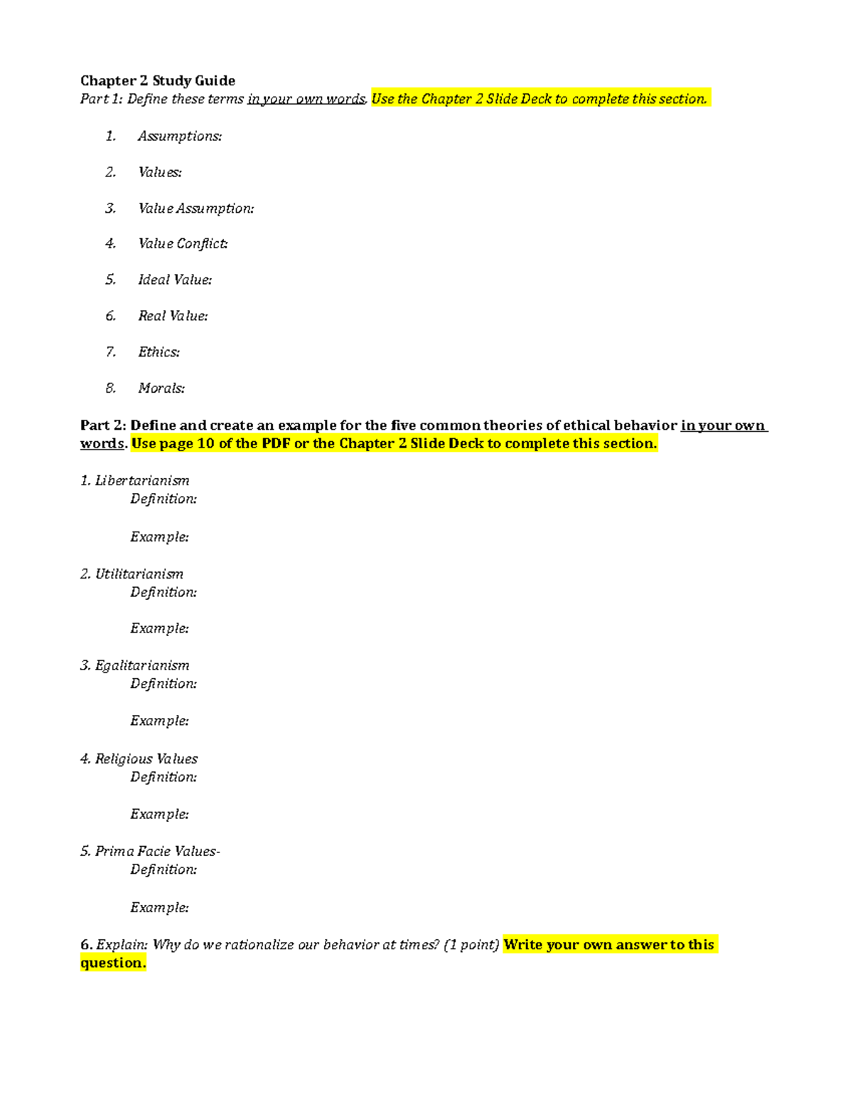 Chapter 2 Study Guide - Chapter 2 Study Guide Part 1: Define these ...