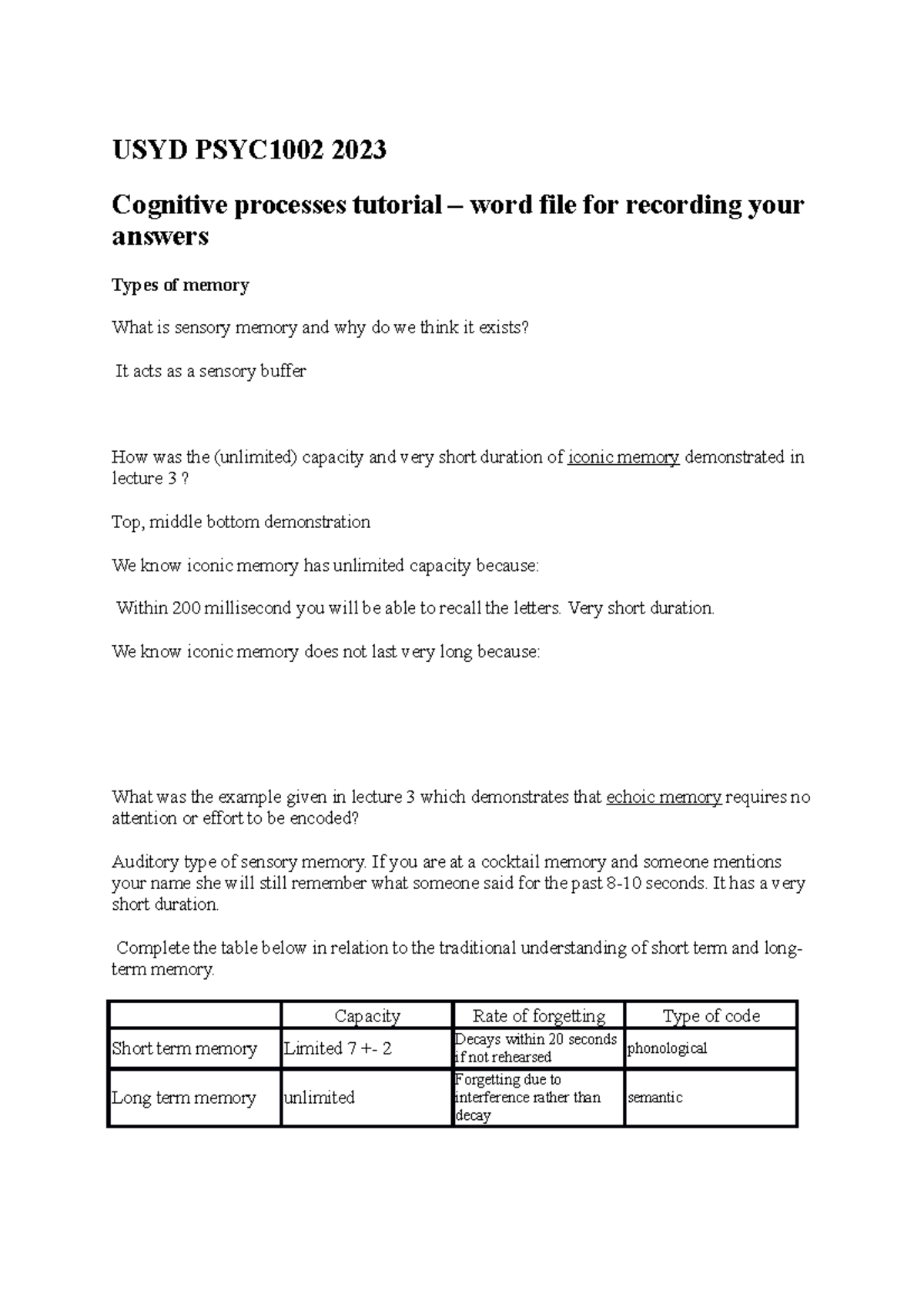 PSYC1002 Cognition tutorial questions and a place for answers - USYD ...