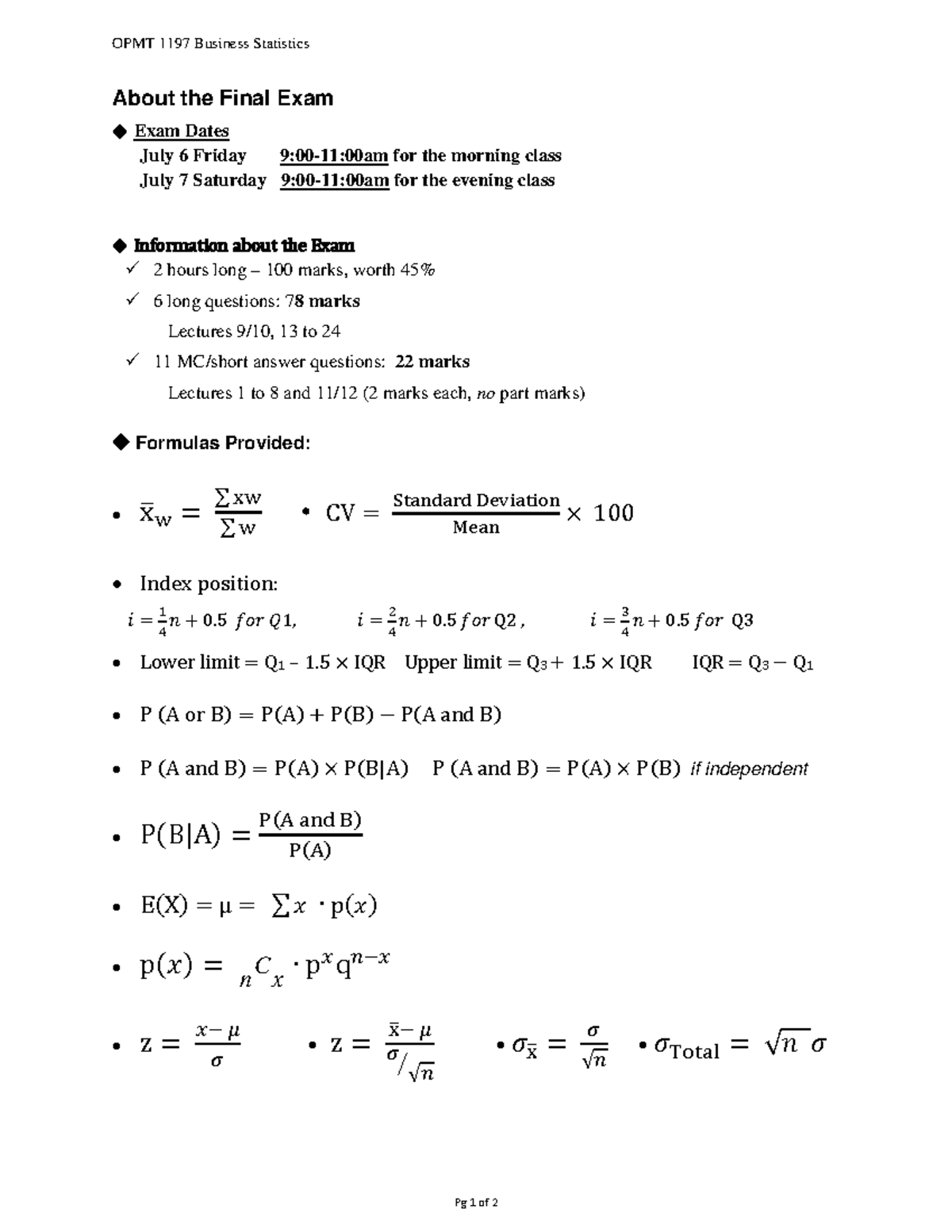 1197 Final exam information sheet 2018 - OPMT 1197 Business Statistics ...
