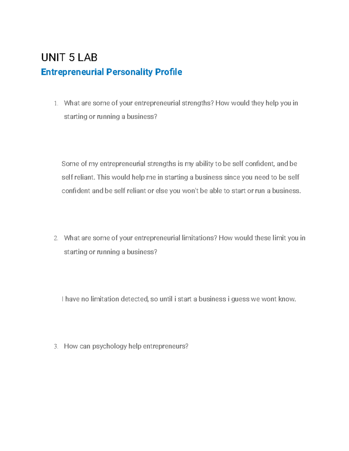 UNIT 5 LAB - unit 5 - UNIT 5 LAB Entrepreneurial Personality Profile 1 ...