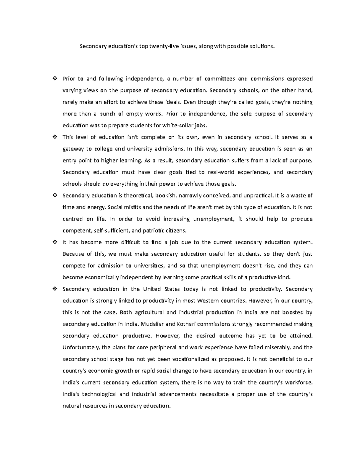 Problem of secondary education and its possible remedies - Secondary ...