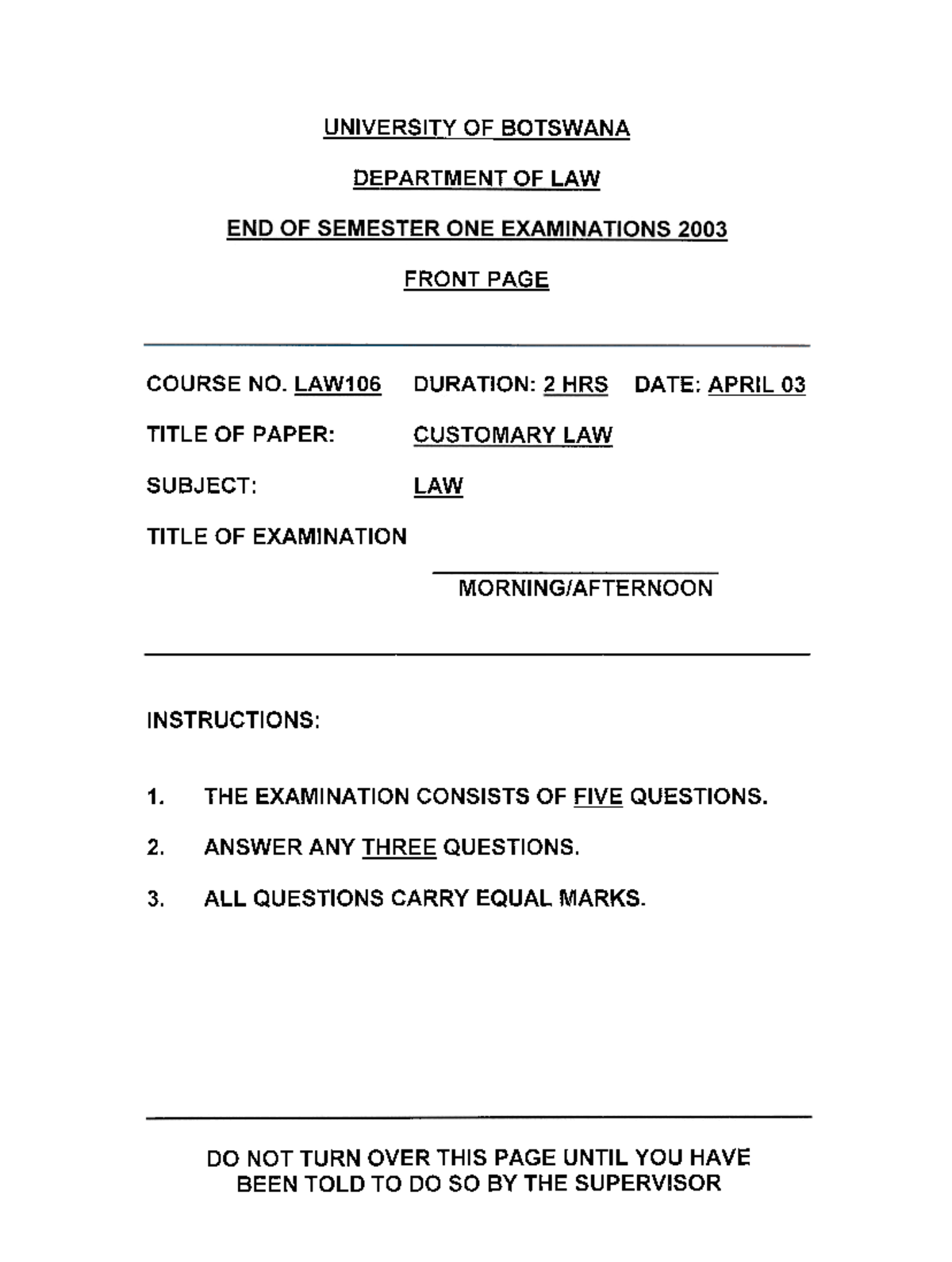03s2law106 - LAW 106 - UNIVERSITY OF BOTSWANA DEPARTMENT OF LAW FRONT ...