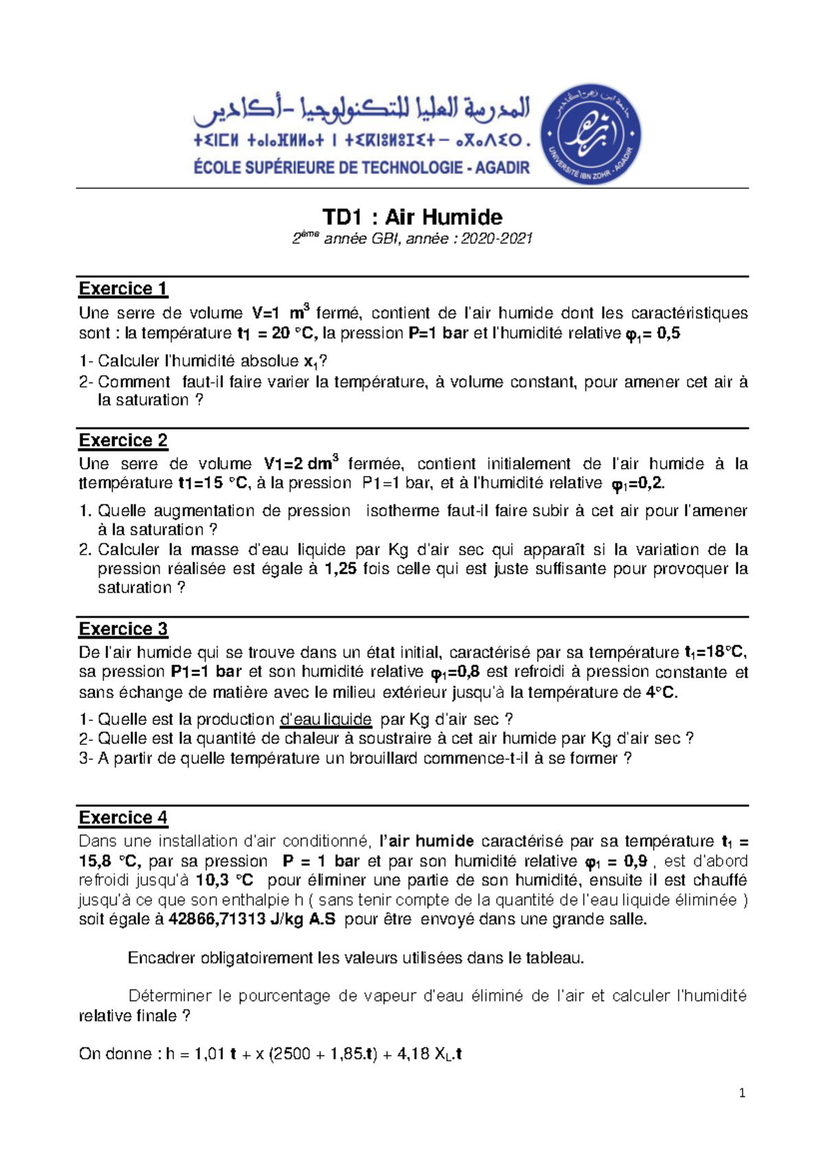 TD1-Air Humide 2020-2021 - 1 TD1 : Air Humide 2 ème année GBI, année : 2020- Exercice 1 Une ...
