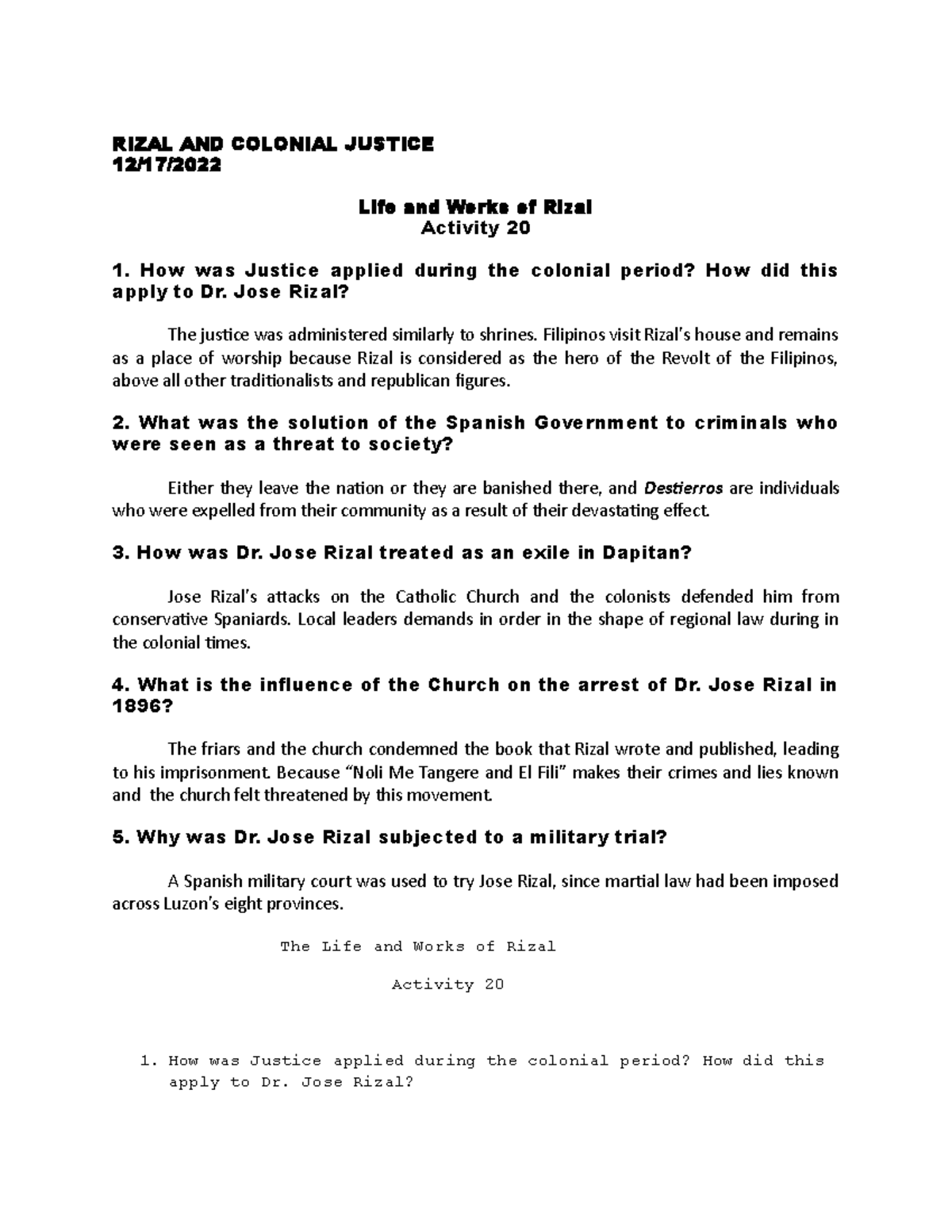 MP20 - BTVTED Lecture 20 LWOR11 - RIZAL AND COLONIAL JUSTICE 12/17 ...