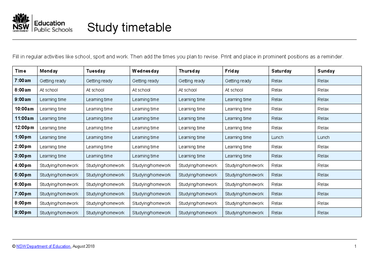 Study-timetable year 11 and 12 - Study timetable Fill in regular ...