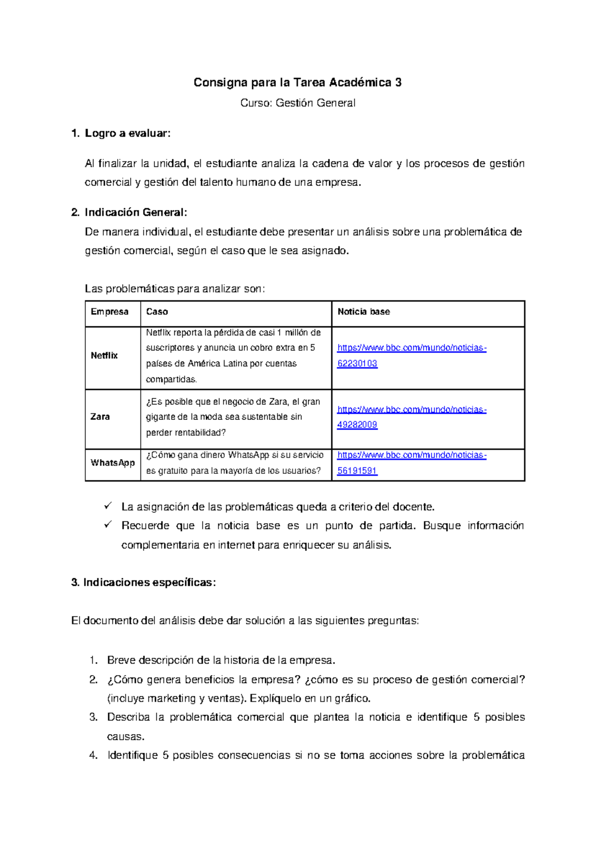 GC A12D Consigna TA3 23C1M - Consigna para la Tarea Académica 3 Curso: Gestión General 1. Logro ...