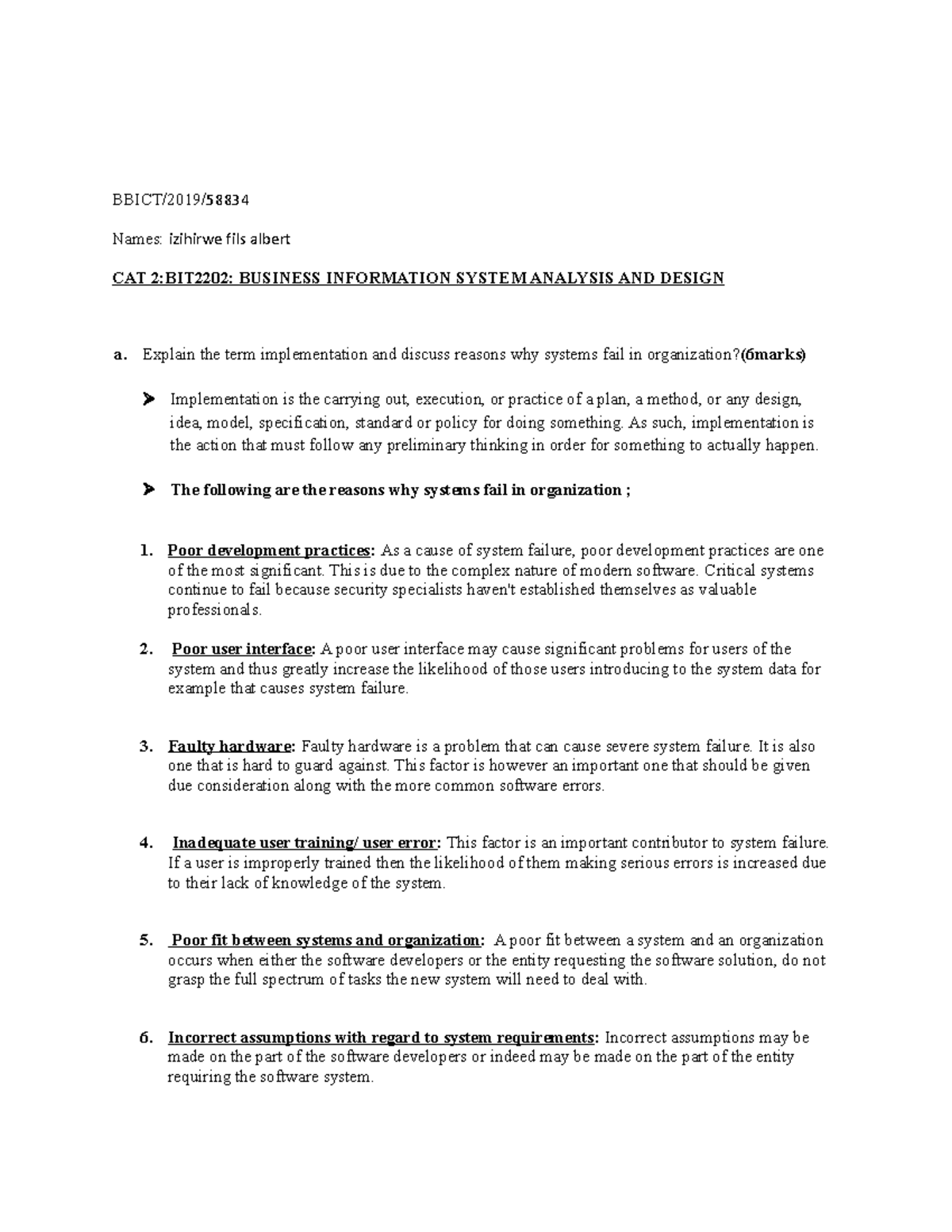 Business information system analysis and design Cat2 - BBICT/2019/ ...