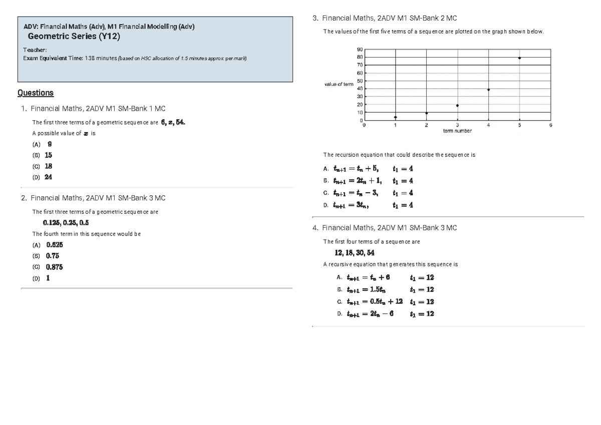 3. Geometric Series and Sequences - 1. Financial Maths, 2ADV M1 SM-Bank 1 MC 2. Financial Maths ...