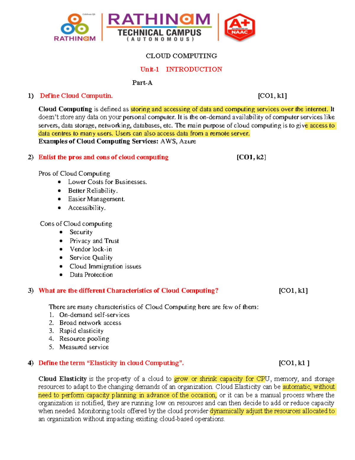 Cloud Computing Qb Cloud Computing Unit 1 Introduction Part A Define Cloud Computin Co1 K1