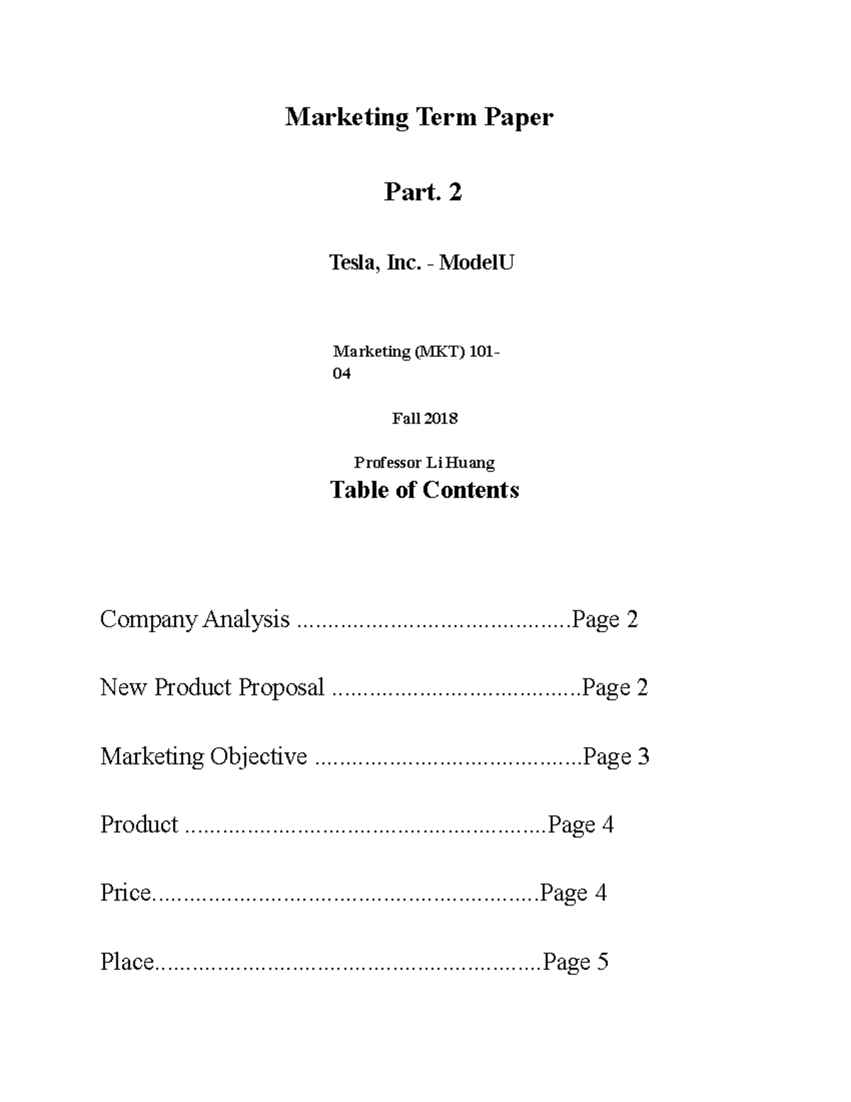 Marketing Term Paper Part 2: Tesla Model U - Company Analysis New ...