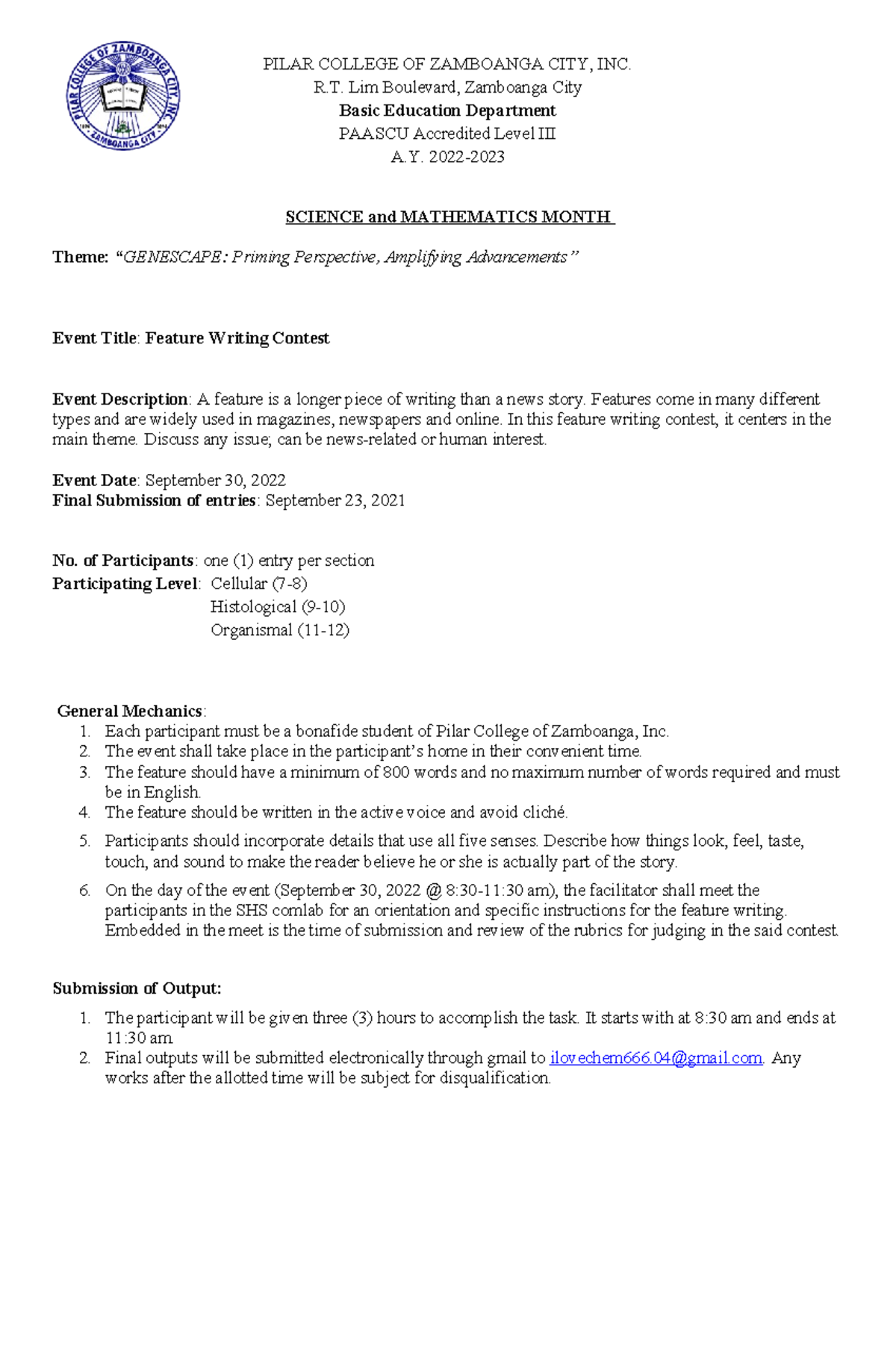 Feature Article Rubric - PILAR COLLEGE OF ZAMBOANGA CITY, INC. R. Lim ...