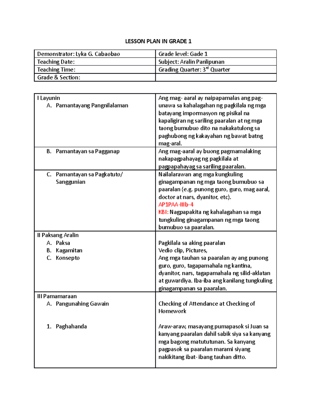 Lesson PLAN IN Grade 1lyka - LESSON PLAN IN GRADE 1 Demonstrator: Lyka ...