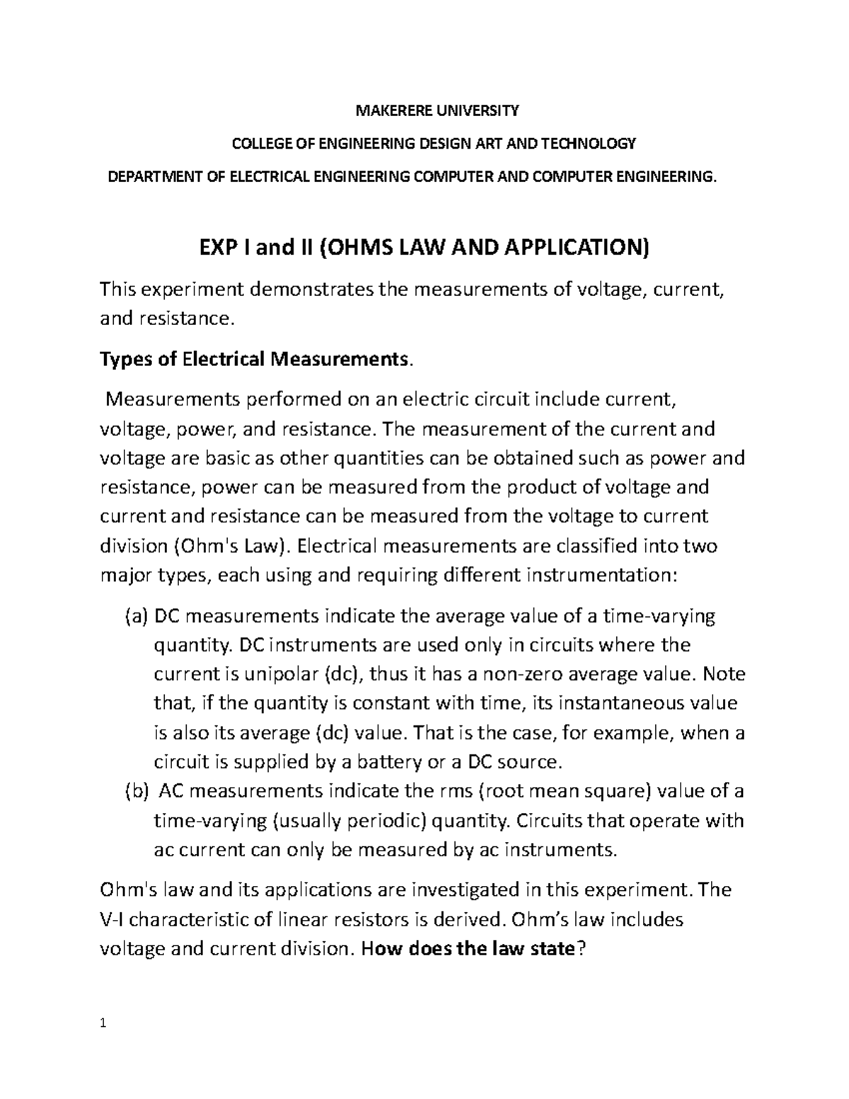 EXP1 and II circuit theory Final COPY 1 - MAKERERE UNIVERSITY COLLEGE ...