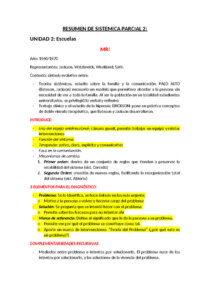 Resumen Parcial 2 - .... - Resumen unidad 2 Teoría Sistémica MRI: Jackson funda en Palo Alto, en ...