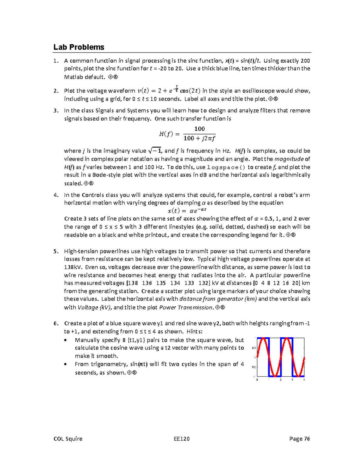 Matlab Graphics 10 Col Squire Ee120 Page 76 Lab Problems A Common Function In Signal